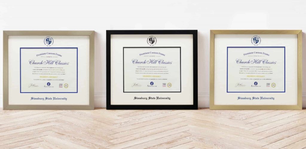 Three modern-looking Simsbury State University diploma frames leaning ...