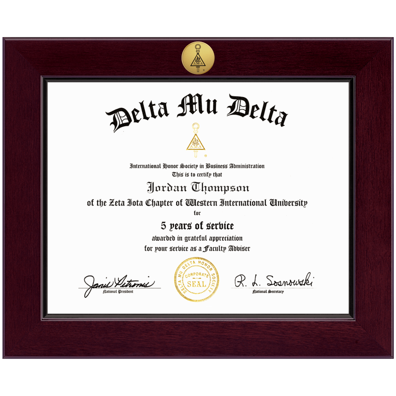 Century Gold Engraved Certificate Frame in Cordova Delta Mu Delta Honor ...