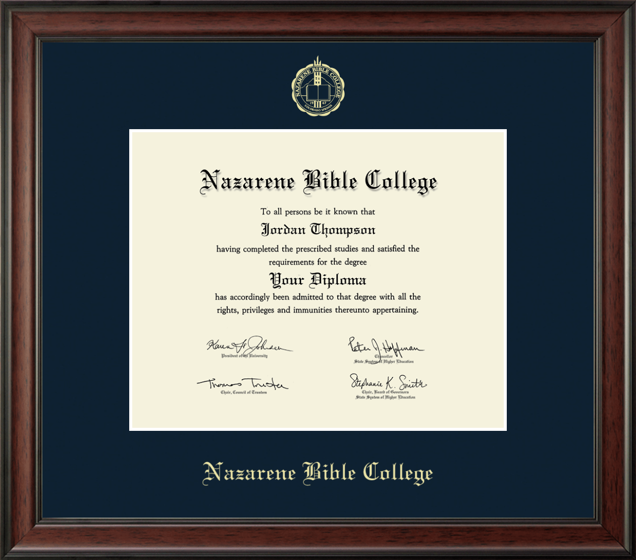 Nazarene Bible College Gold Embossed Diploma Frame in Studio - Item #200070