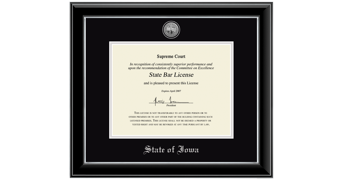 State of Iowa Certificate Frames - Church Hill Classics