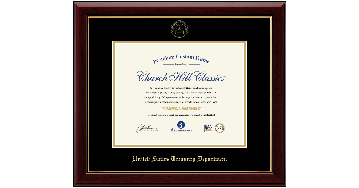 Gold Embossed Certificate Frame in Gallery United States Treasury ...