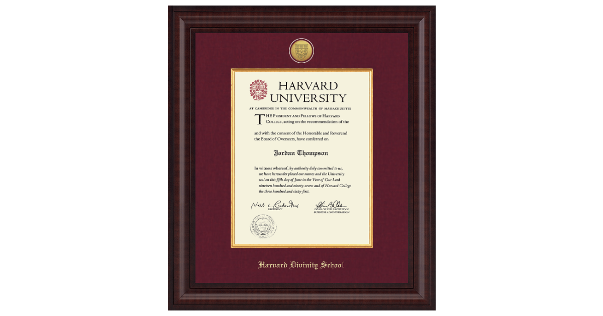Harvard Divinity School Diploma Frames | Church Hill Classics