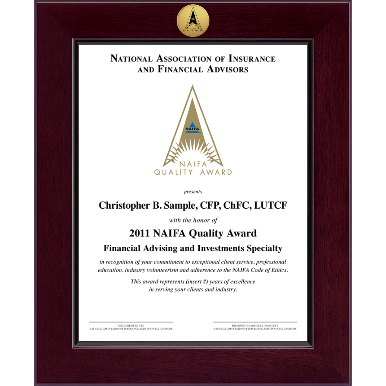 Century Gold Engraved Certificate Frame in Cordova National Association ...