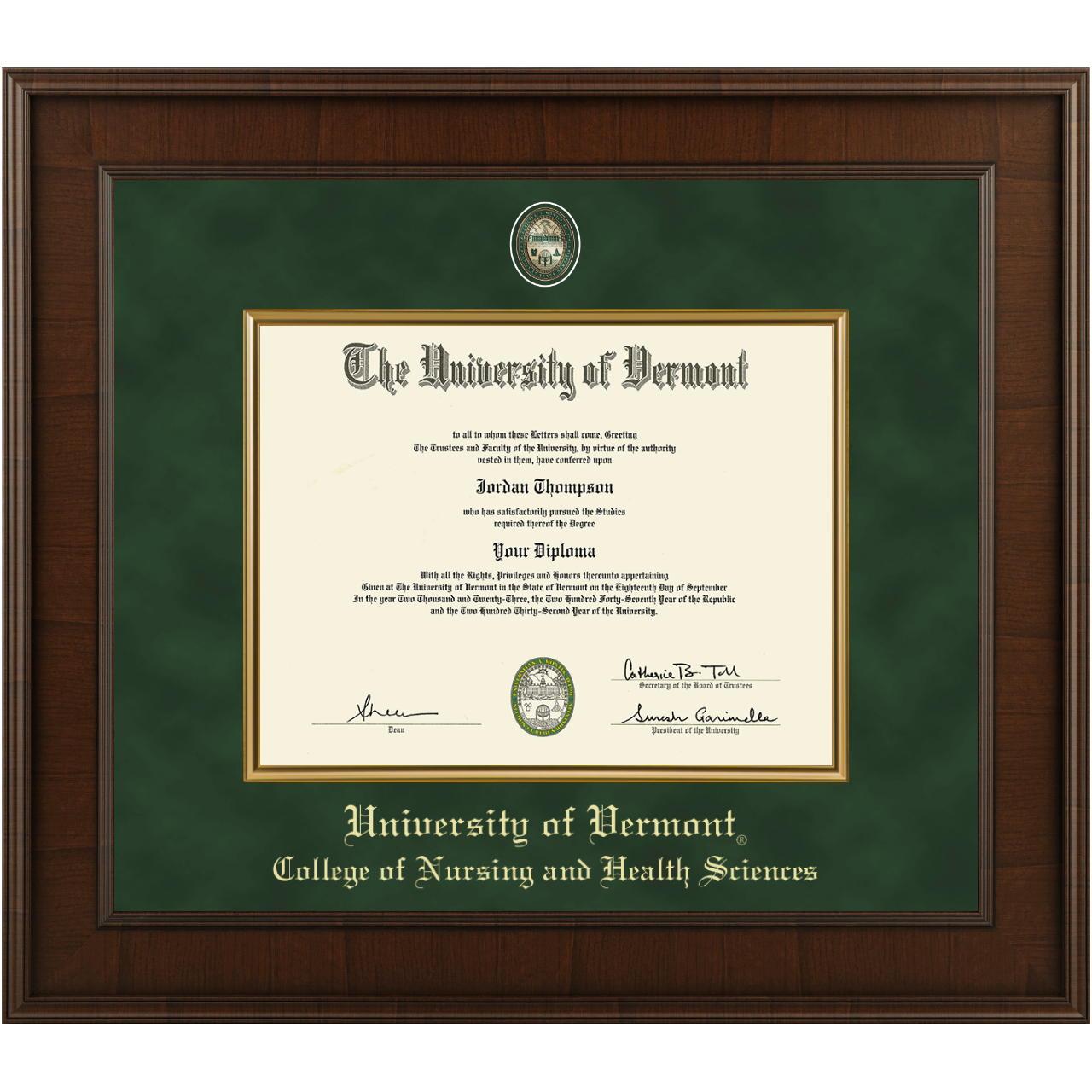 UVM College of Nursing and Health Sciences Diploma Frames