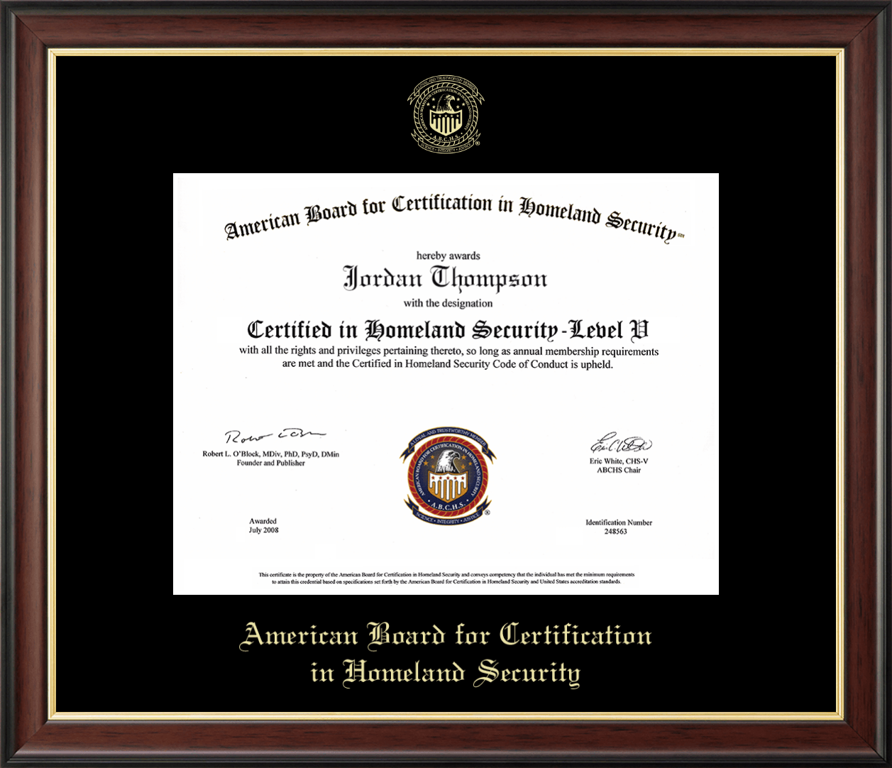 American Board for Certification in Homeland Security Gold Embossed ...