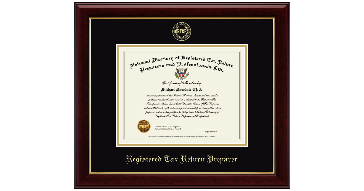 Registered Tax Return Preparer Gold Embossed Certificate Frame in ...
