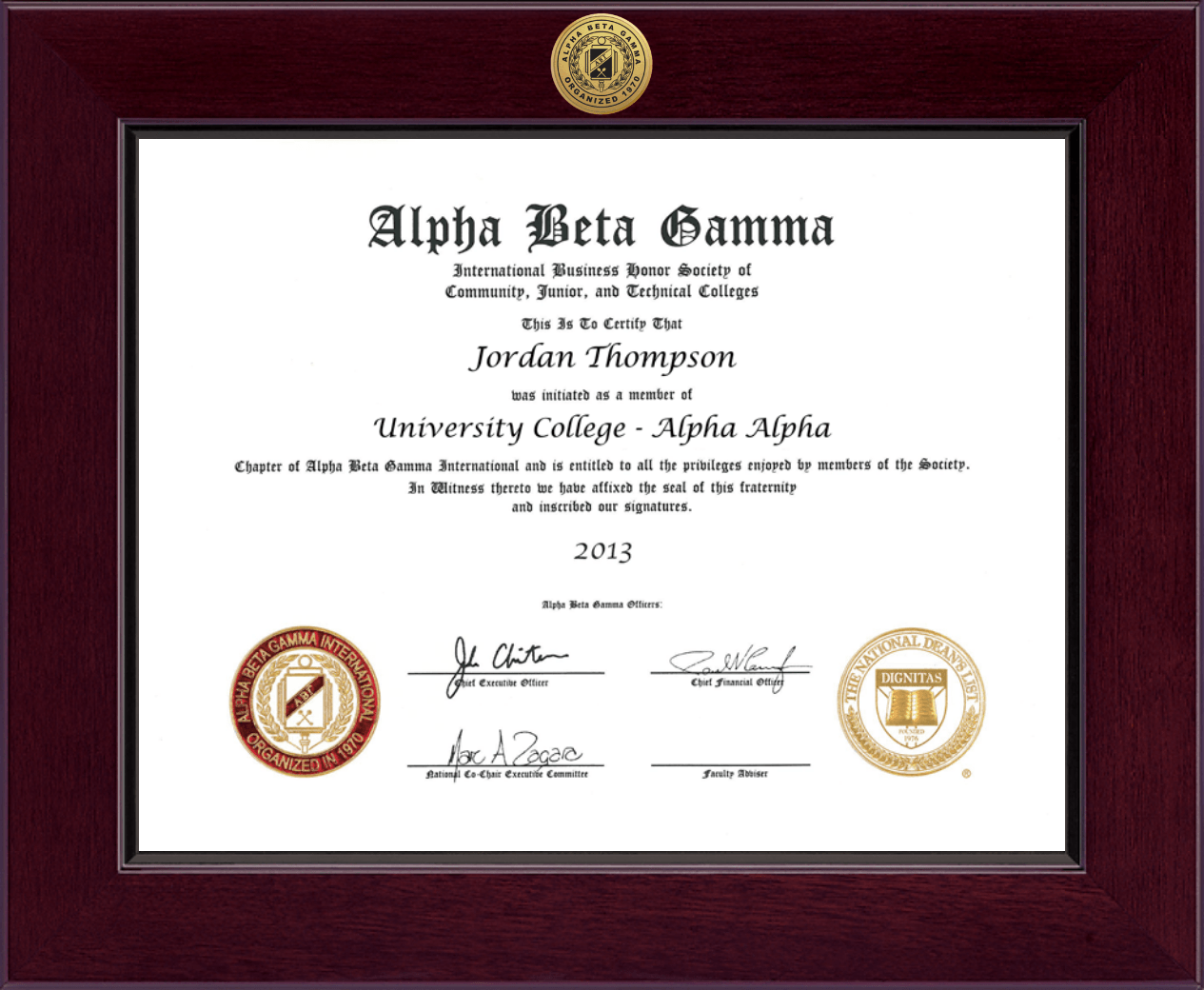 Alpha Beta Gamma Honor Society Century Gold Engraved Certificate Frame ...