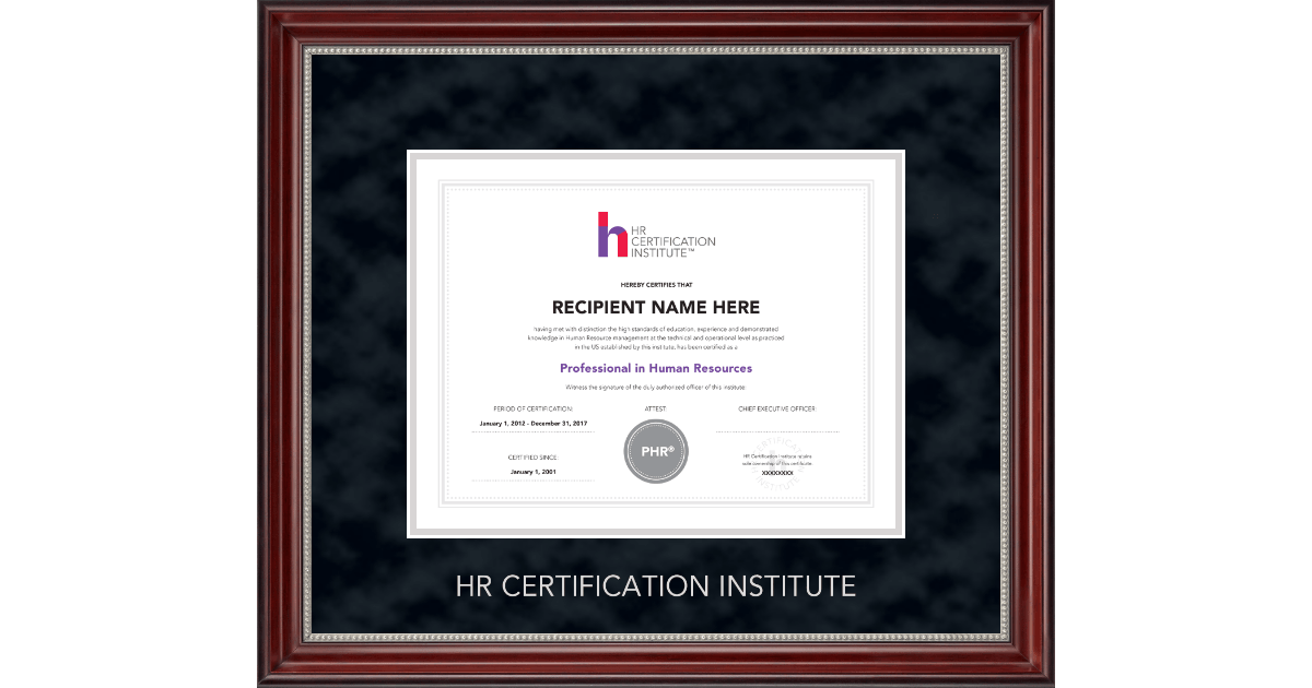 HRCI Silver Embossed Certificate Frame - Black Suede and Silver Matting