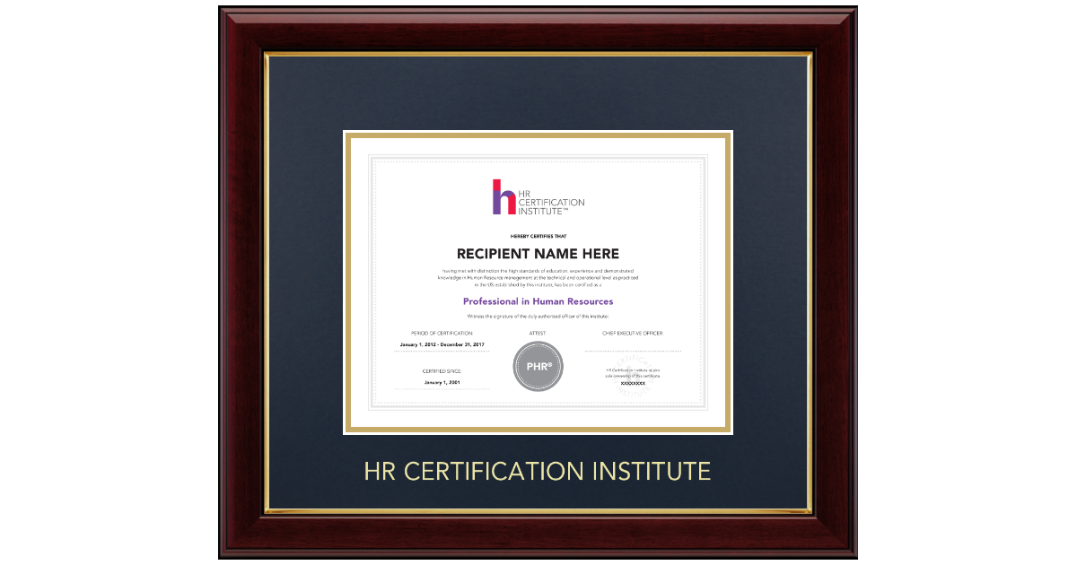 HRCI Gold Embossed Certificate Frame - Navy and Gold Matting