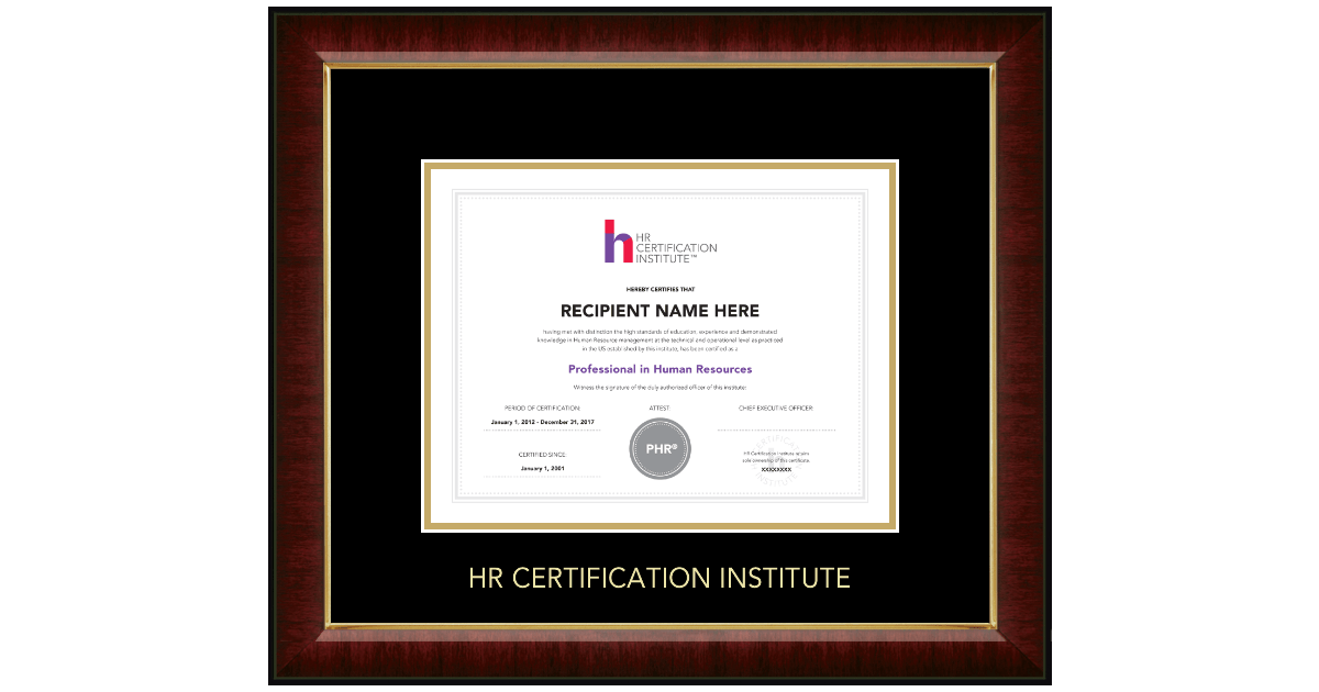 HRCI Gold Embossed Certificate Frame - Black and Gold Matting