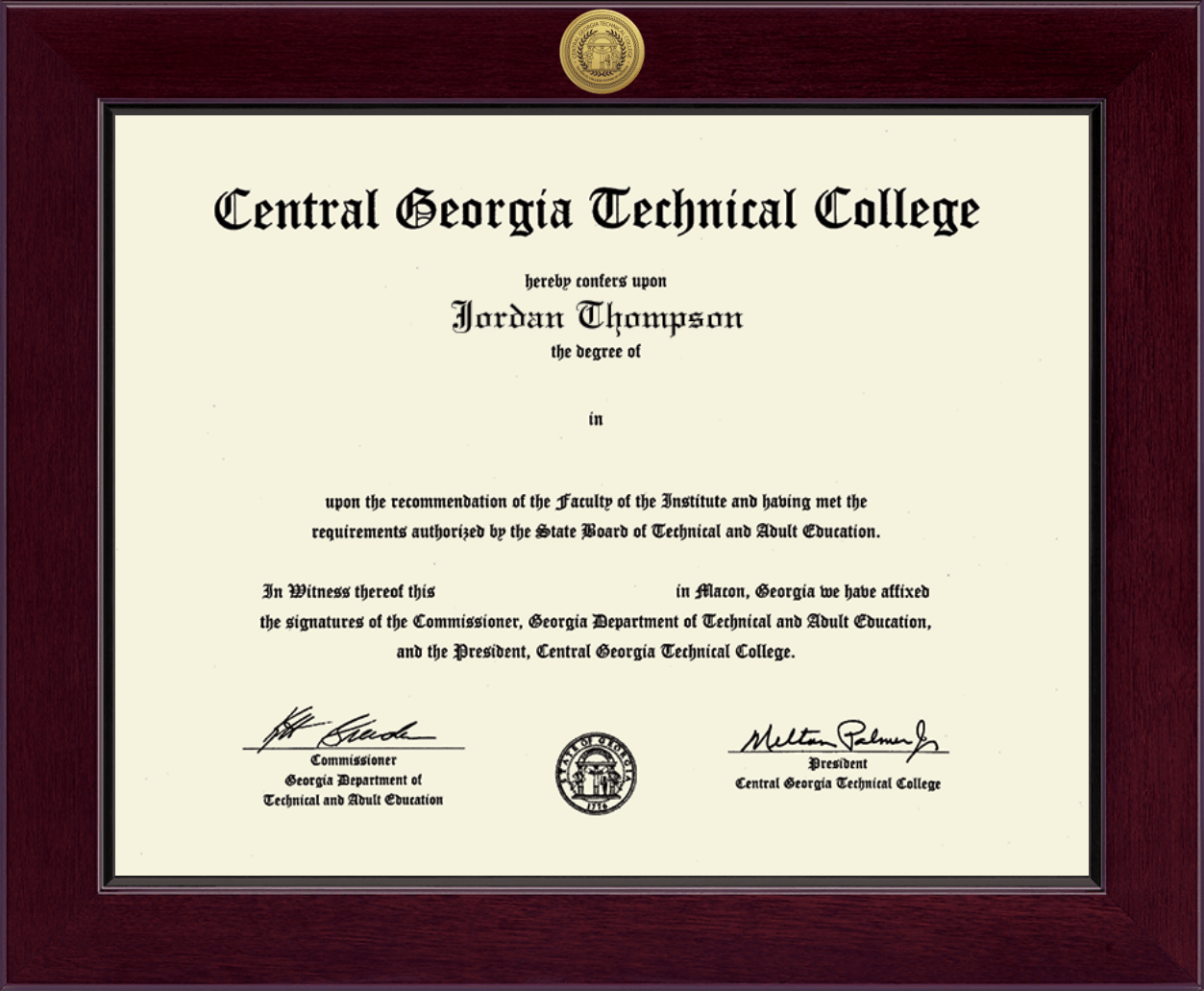 Central Georgia Technical College Century Gold Engraved Diploma Frame ...