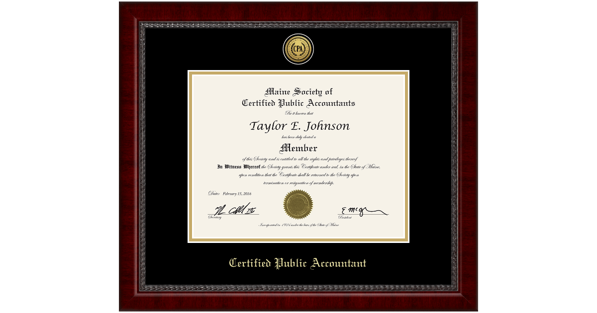 Maine CPA Gold Engraved Medallion Certificate Frame - Black and Gold Matting