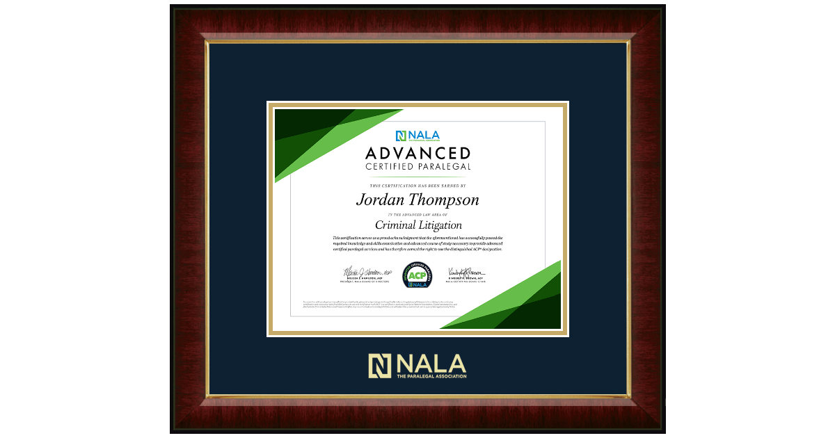 NALA Gold Embossed Certificate Frame - Navy and Gold Matting