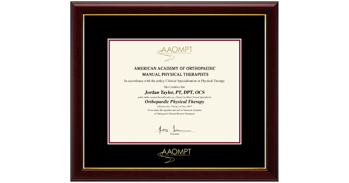AAOM Gold Embossed Certificate Frame - Black and Crimson Matting