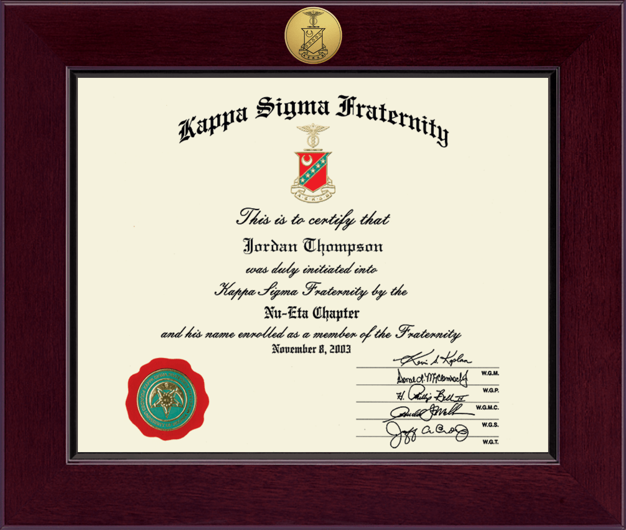 Kappa Sigma Fraternity Century Gold Engraved Certificate Frame in ...