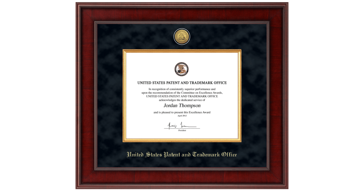 USPTO Presidential Gold Engraved Certificate Frame - Black Suede with Gold Fillet Matting