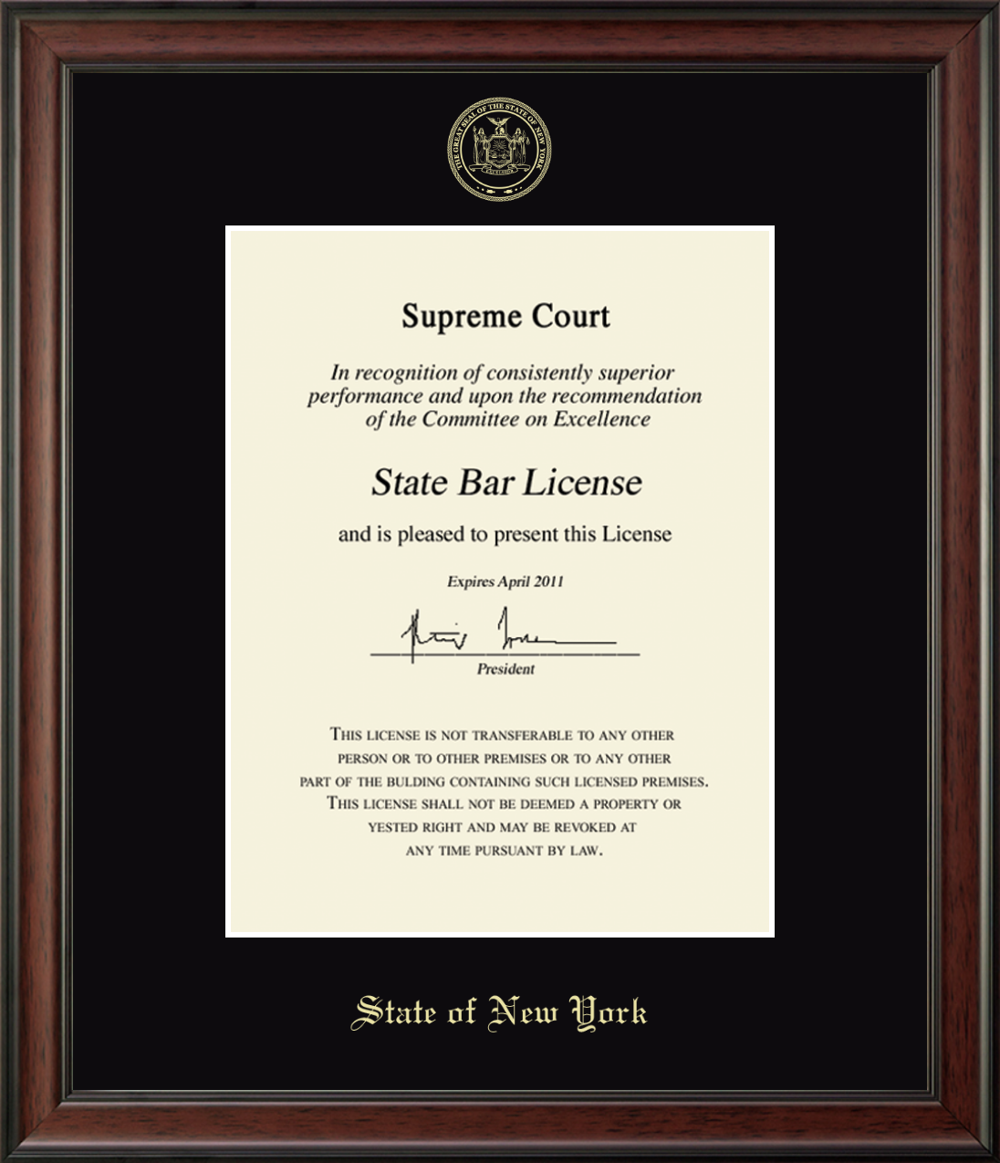 State of New York Gold Embossed Certificate Frame in Studio - Item #332998