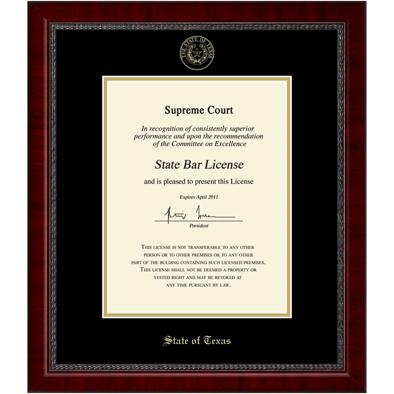 Gold Embossed Certificate Frame in Sutton State of Texas - Item #334248