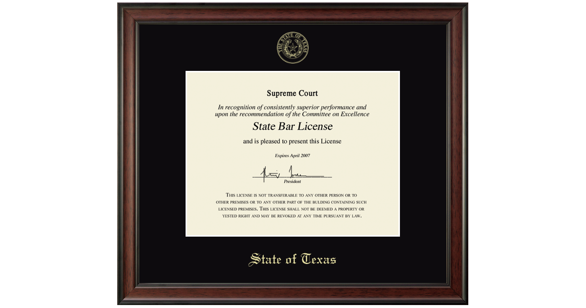 Gold Embossed Certificate Frame in Studio State of Texas - Item #334250