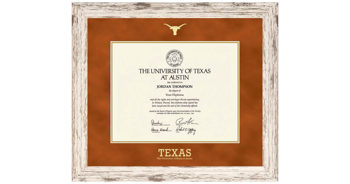Gold Embossed Longhorn Diploma Frame in Barnwood White The University ...