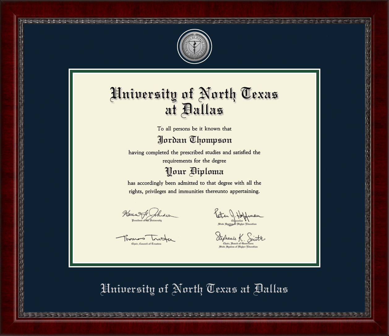 University of North Texas at Dallas Silver Engraved Medallion Diploma ...