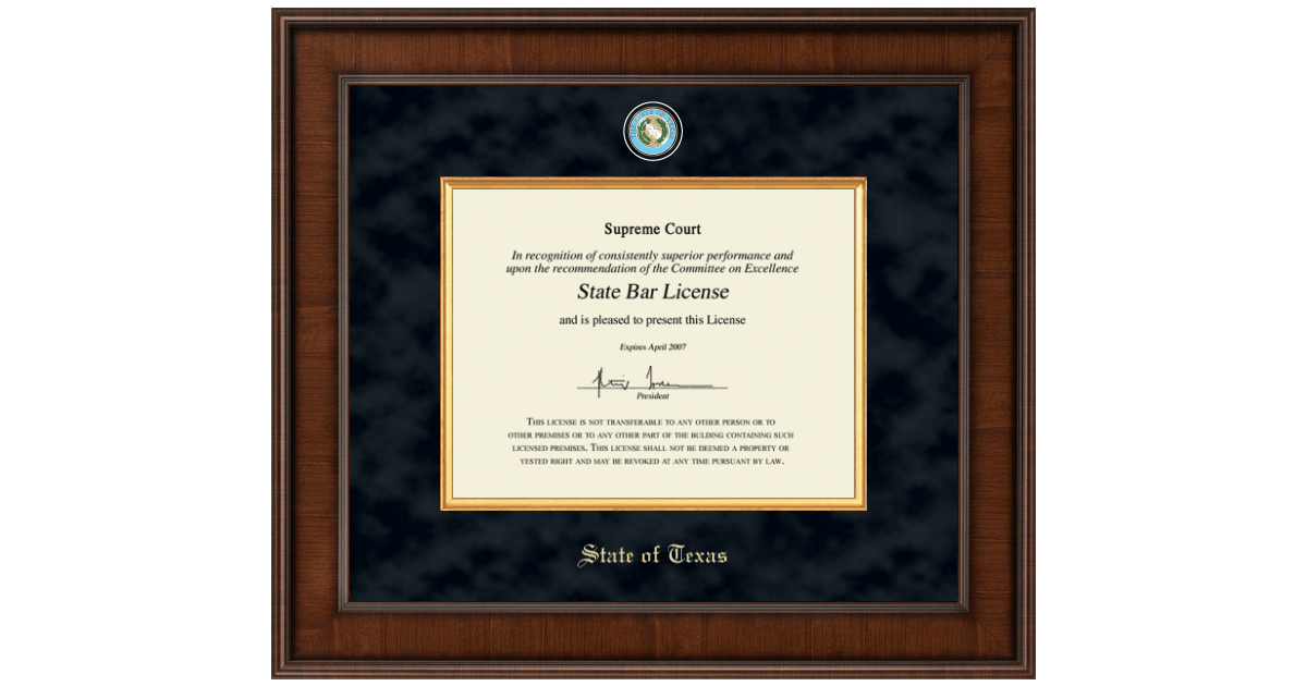 State of Texas Certificate Frames - Church Hill Classics