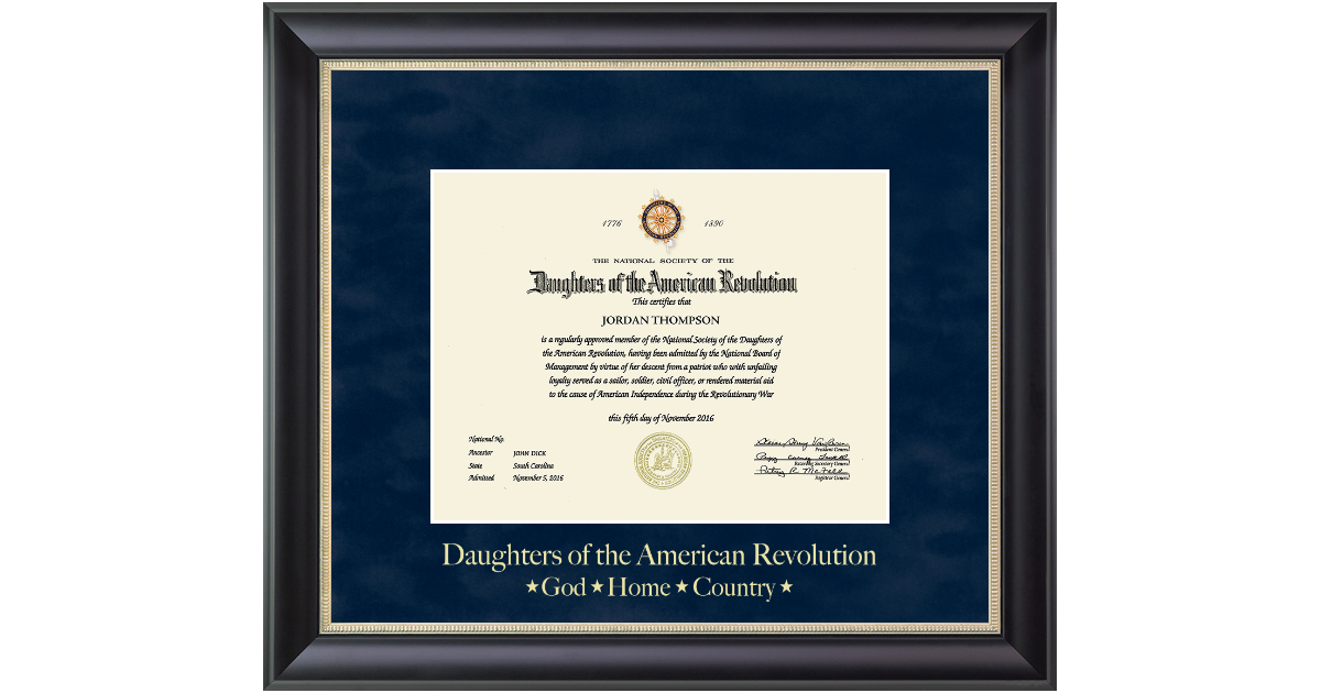 DAR Gold Embossed Certificate Frame - Navy Suede Matting