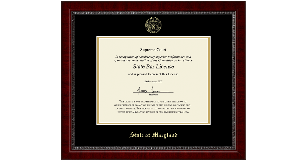 Gold Embossed Certificate Frame in Sutton State of Maryland - Item #371451