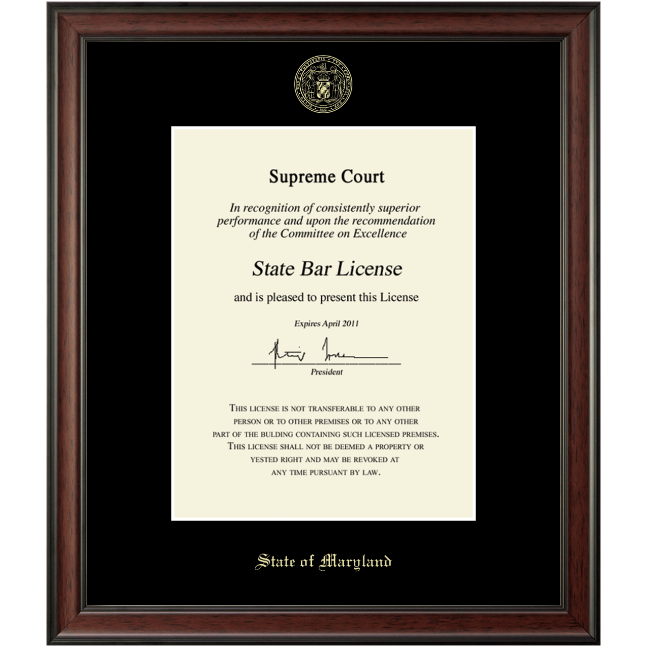 Gold Embossed Certificate Frame in Studio State of Maryland - Item #371454