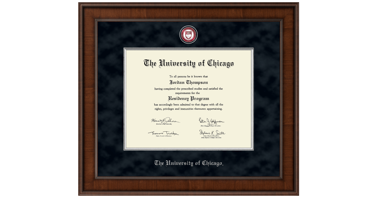 U of C University of Chicago Residency Certificate Diploma Frames